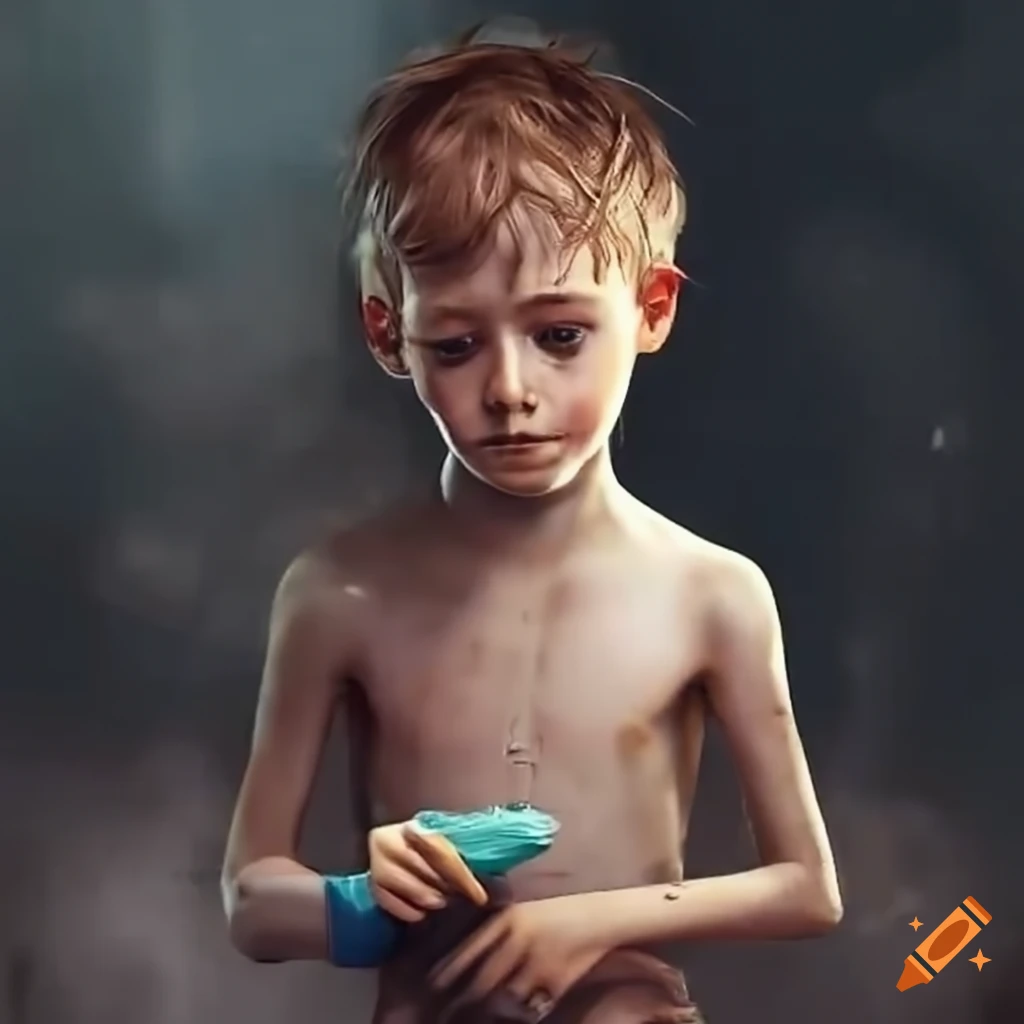 Skinny distressed boy cleaning kitchen