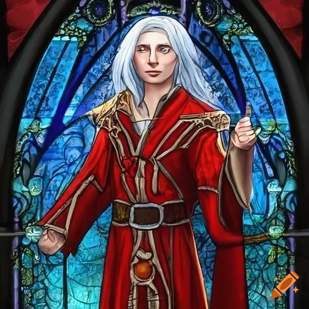 Young male human wizard with white long hair, golden skin, red robe ...