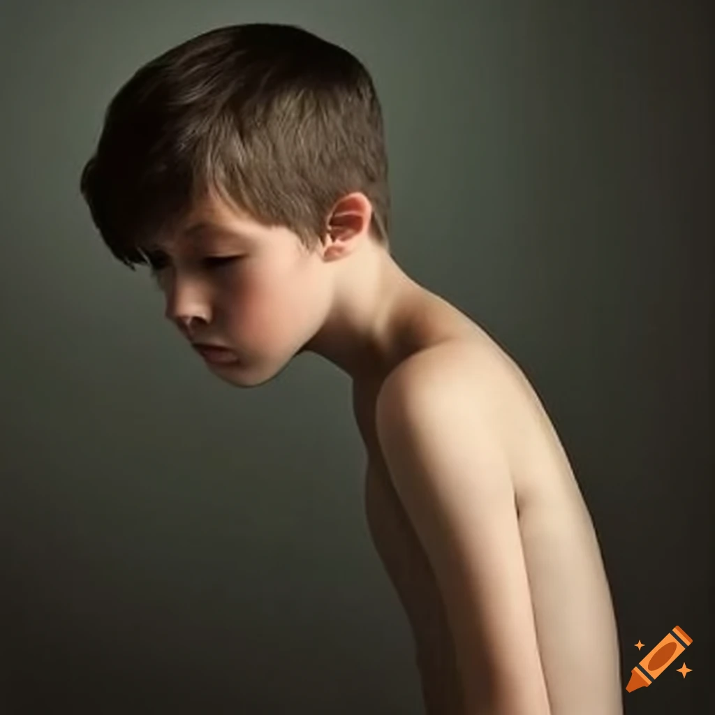 Skinny distressed boy age 12. back against tree on Craiyon