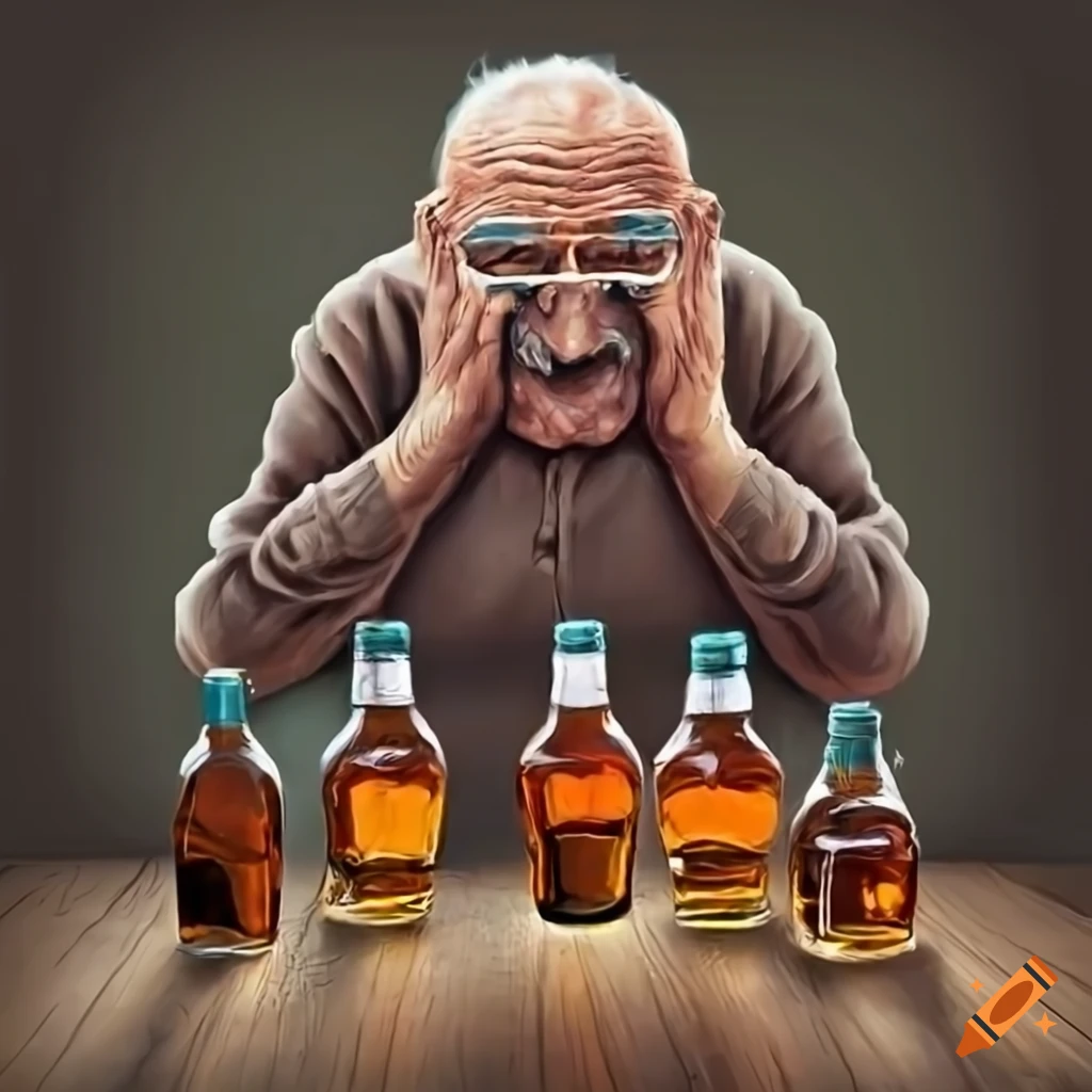Humorous artwork featuring an elderly man surrounded by whiskey bottles