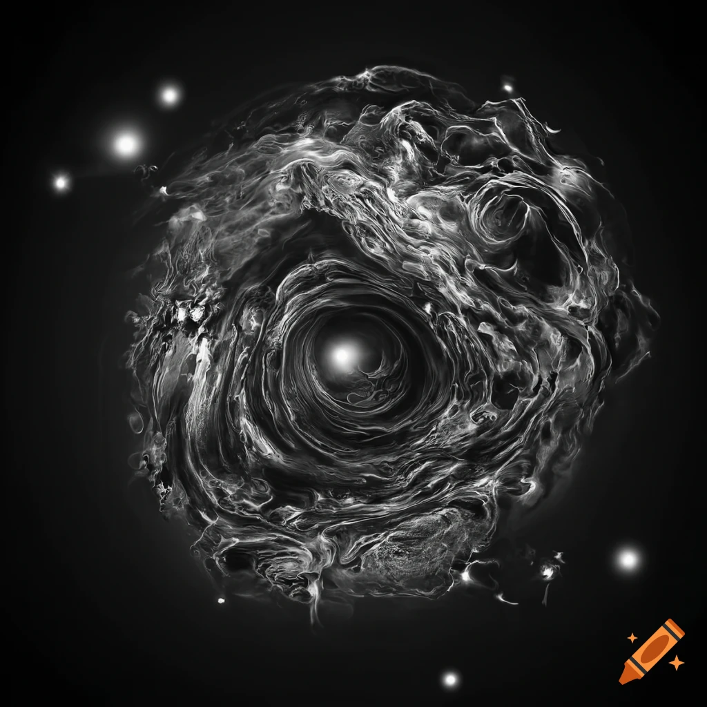 Abstract grotesque exploding solar system monochrome