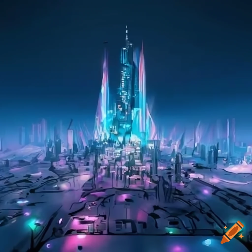 "Draw a vibrant and detailed illustration of a futuristic city located ...