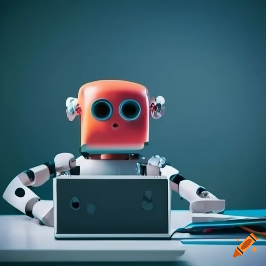 Adorable robot building another robot and working on a computer