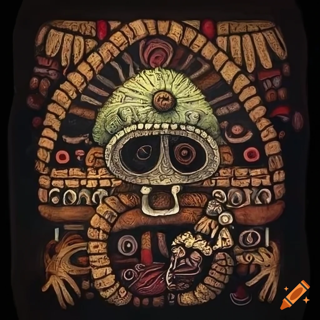 Aztec mushroom art, moody atmosphere and surreal atmosphere