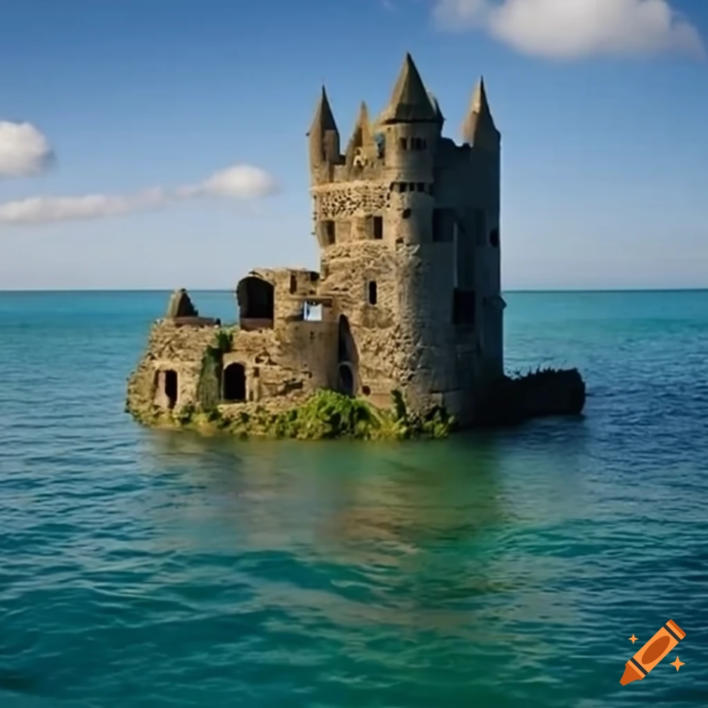 A big rundown castle on an island in the ocean on Craiyon