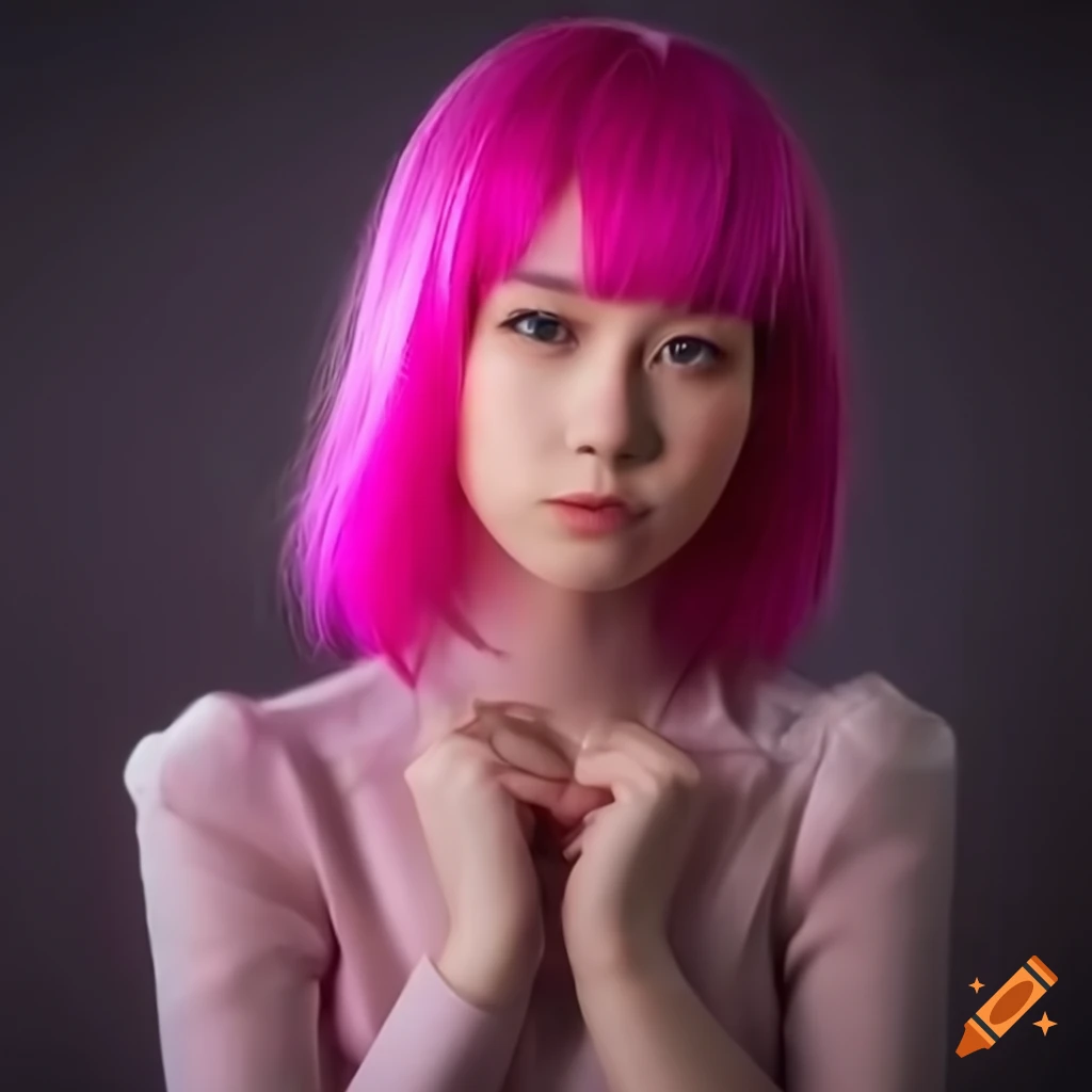 A girl wearing yumesensi wingman suit realistic thin pink hair on Craiyon