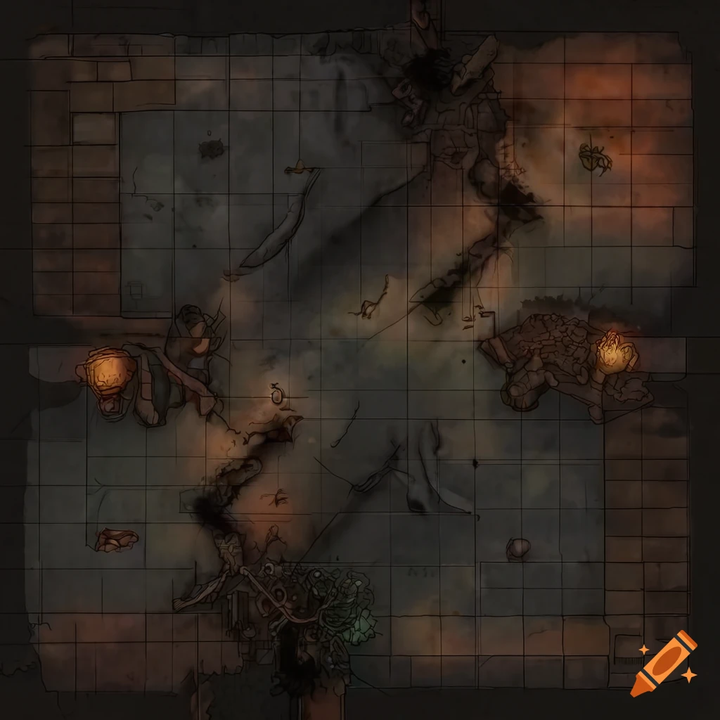 Isometric dnd battlemap, black ink, 5ft grid, cave, 3 elevations on Craiyon