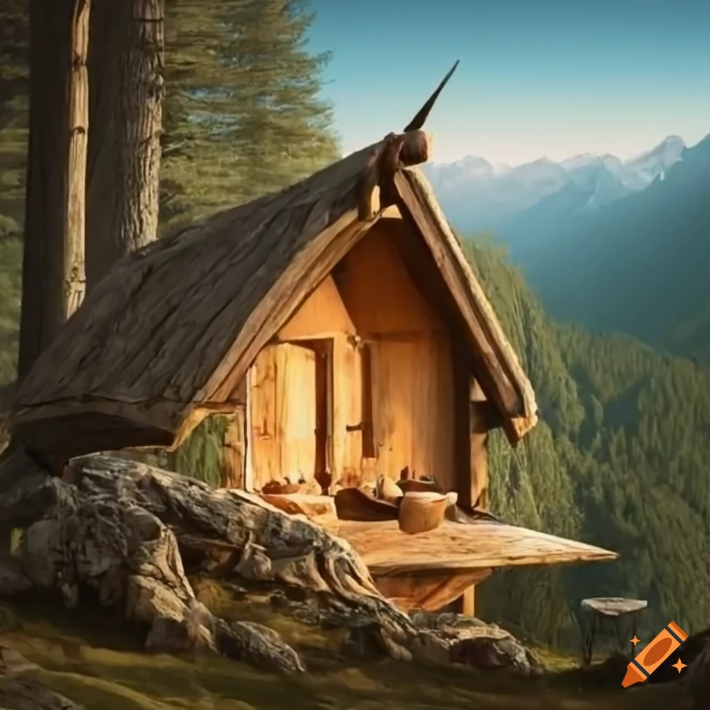 2 cabanes en pierre avec une table en pierre devant avec un chêne au ...