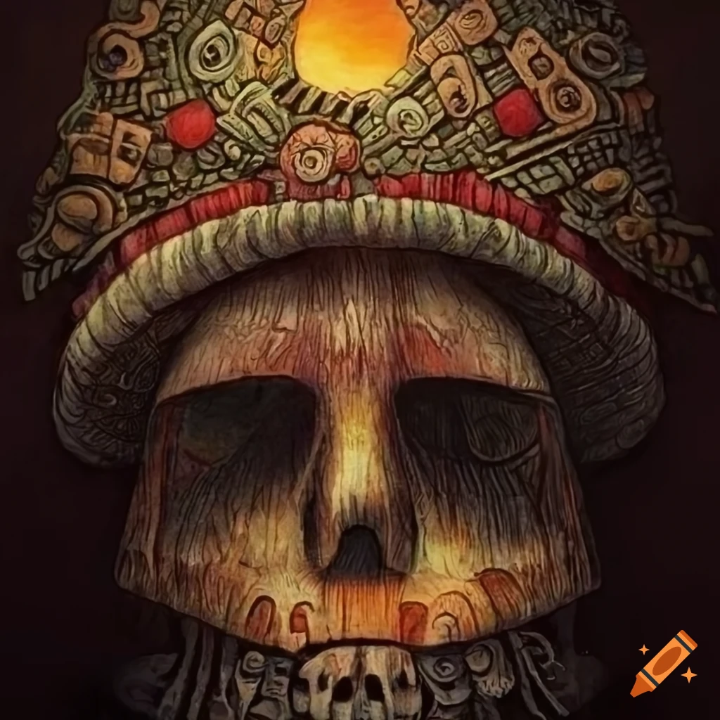 Aztec mushroom art, moody atmosphere and surreal atmosphere
