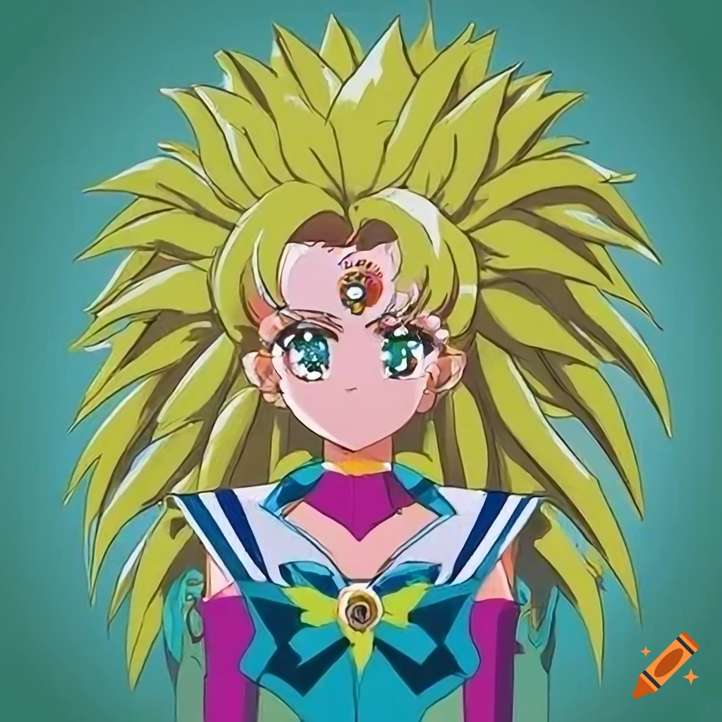 Sailor moon with yellow ssj3 hair, 90s artwork, high definition