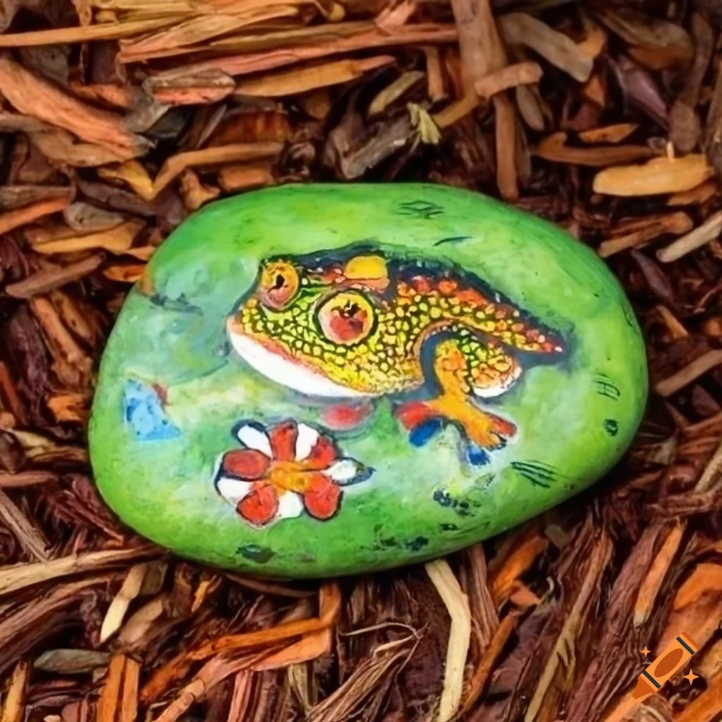 Ornate hand-painted river rock of a painting of a toad. The rock is ...