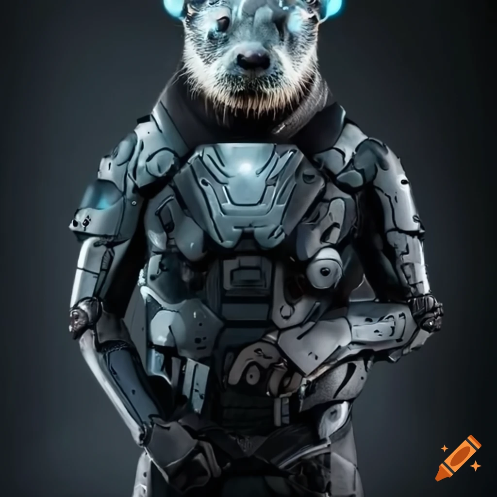 Portrait of a cyborg otter wearing futuristic face armor in a ...