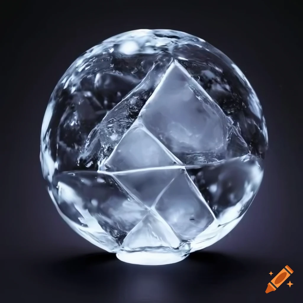 Ice sphere with slight triangles, in a black background on Craiyon