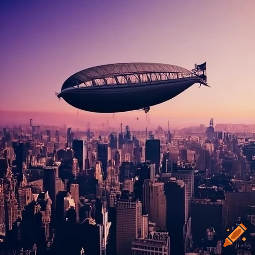 Dirigible over a vintage nyc skyline