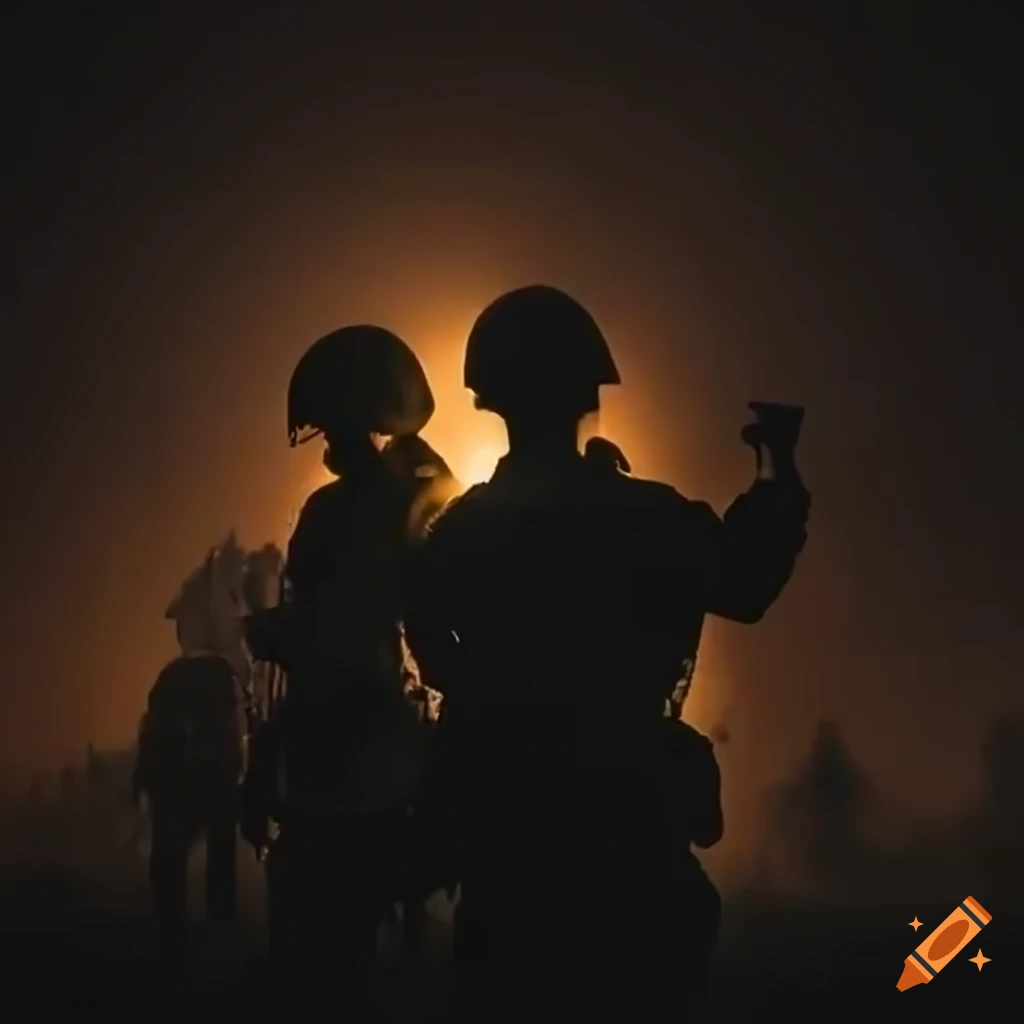 Two people in military uniform look into the distance, on the field ...