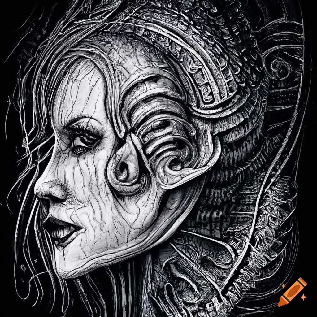Illustration of fantasy portrait close up face in style of h.r. giger ...