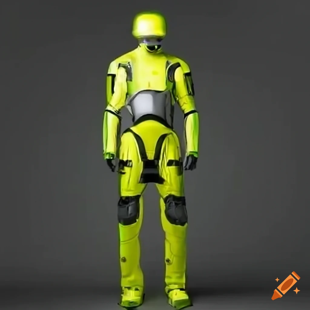 A futuristic robotic suit with menacing yellow and green colors on Craiyon