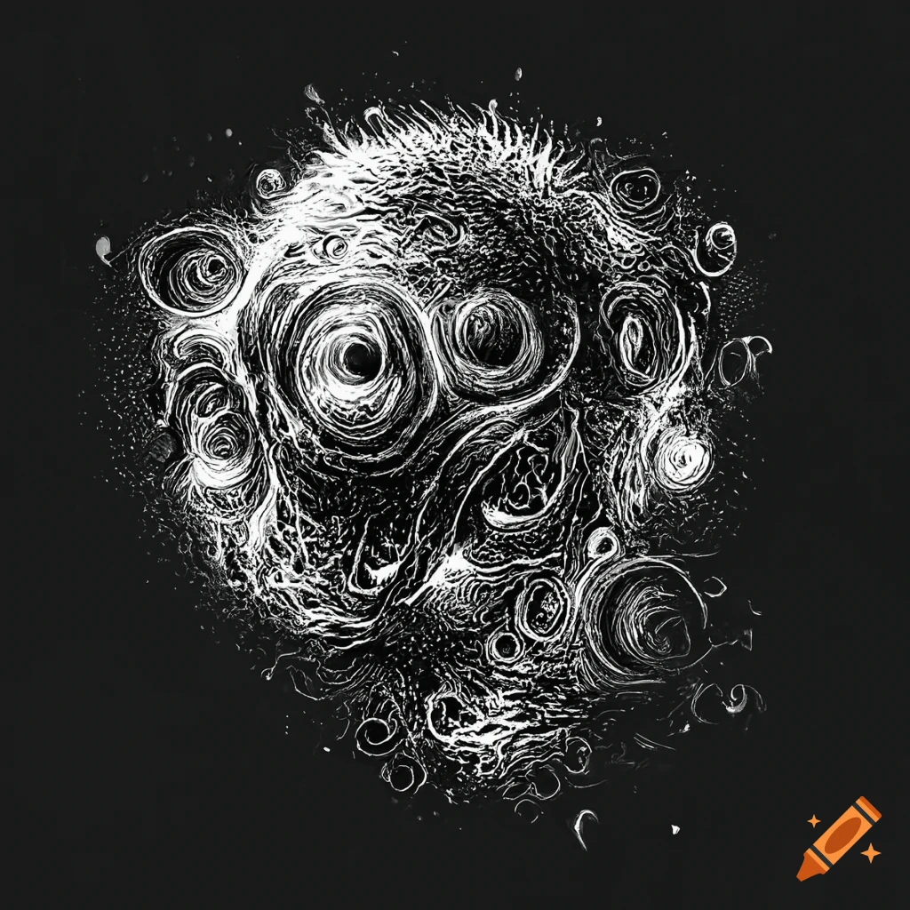 Abstract grotesque exploding solar system monochrome on Craiyon