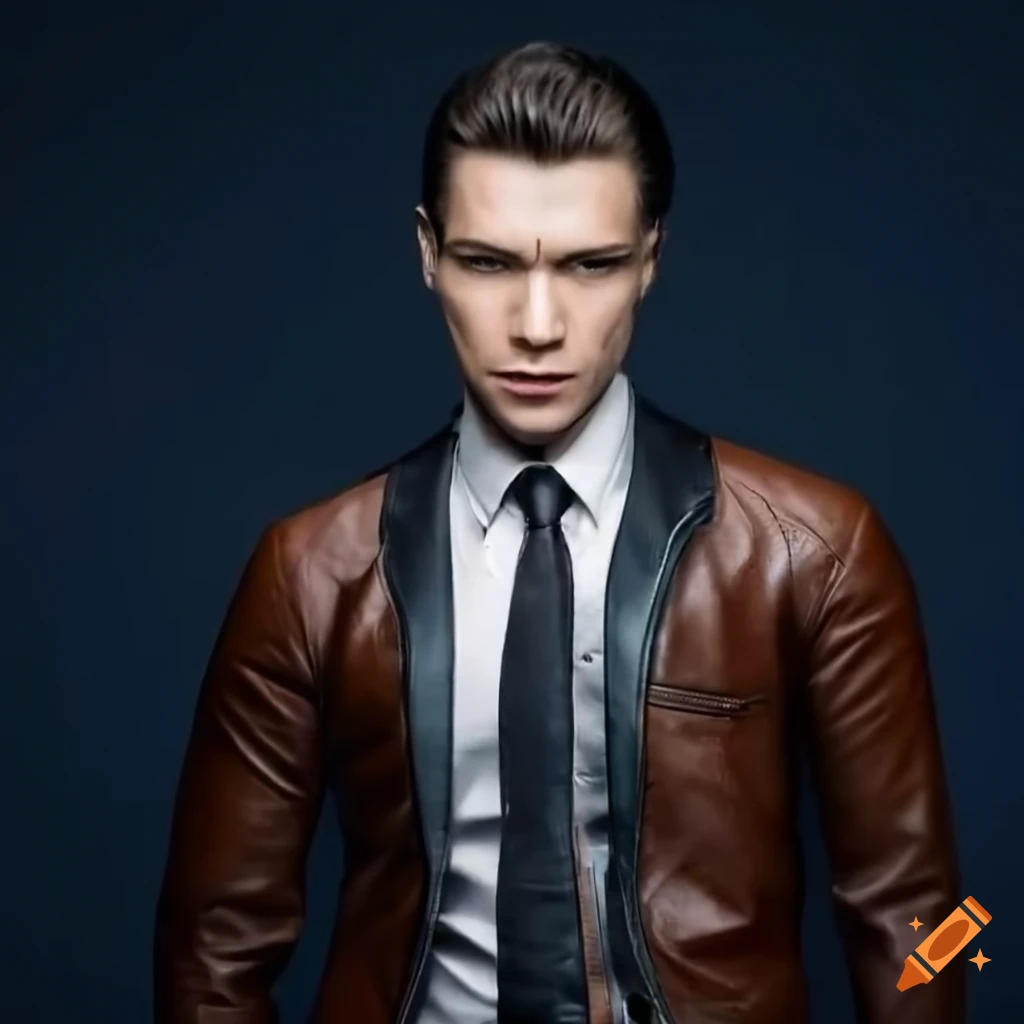 Stylish man's face in leather clothing on Craiyon