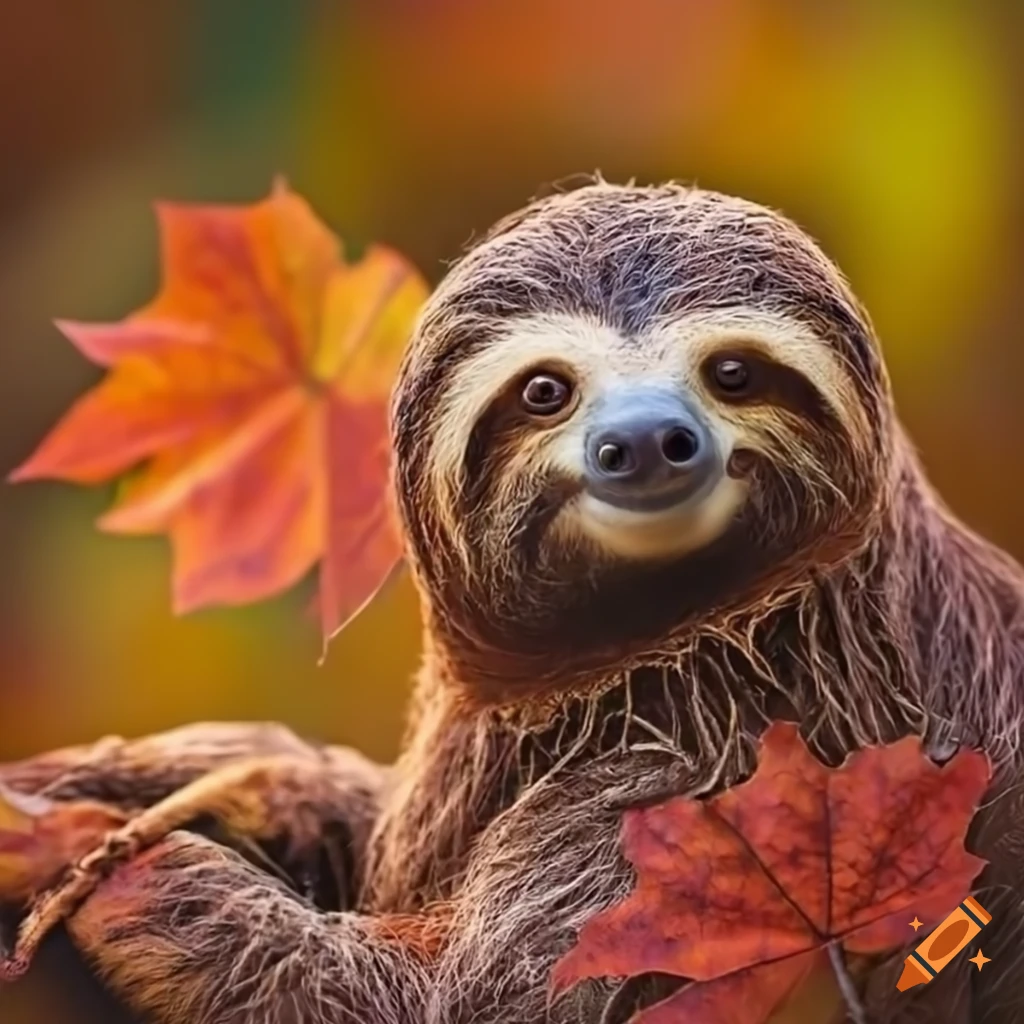 A content sloth peacefully resting on a colorful autumn leaf on Craiyon