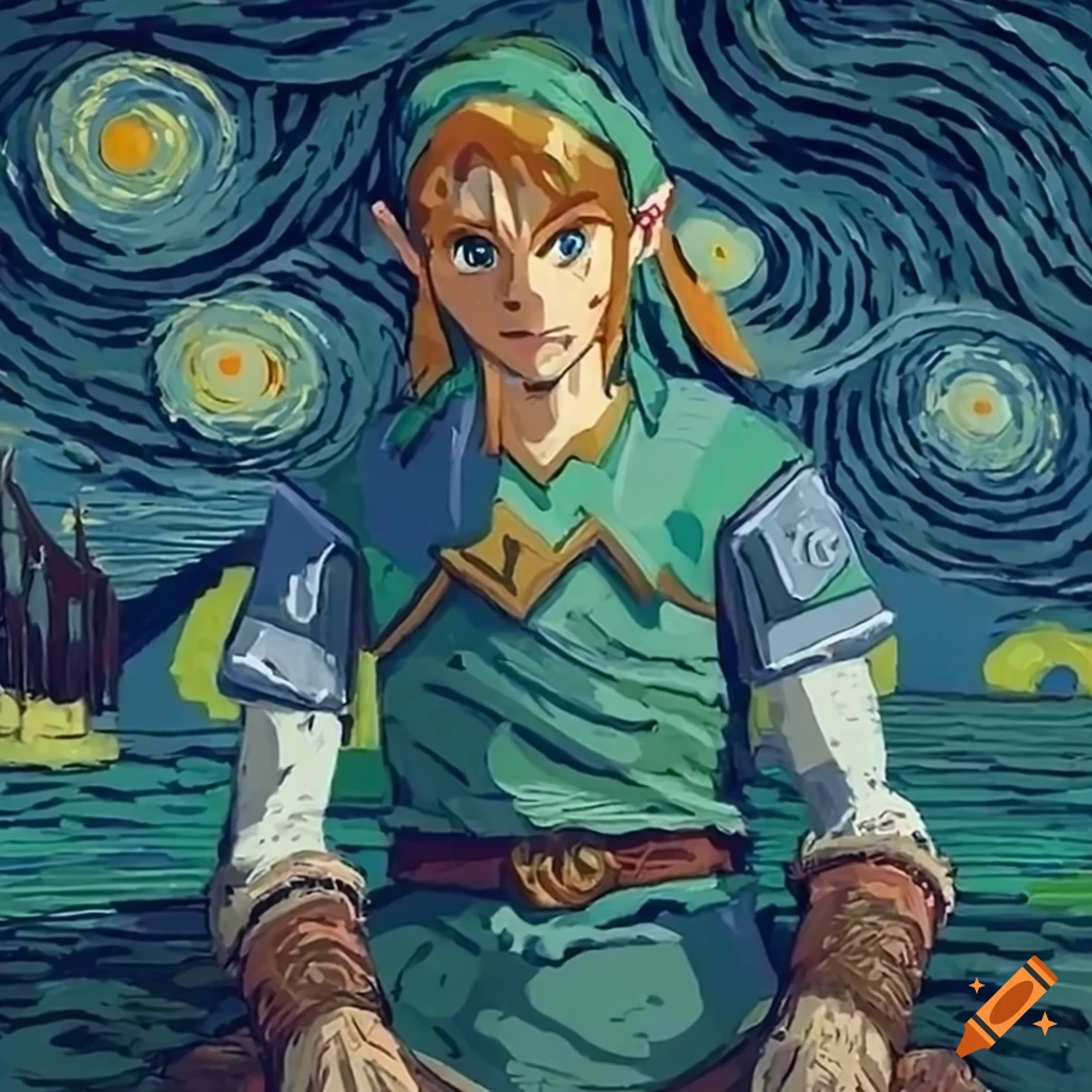 Link from the legend of zelda in van gogh's starry night style sitting ...