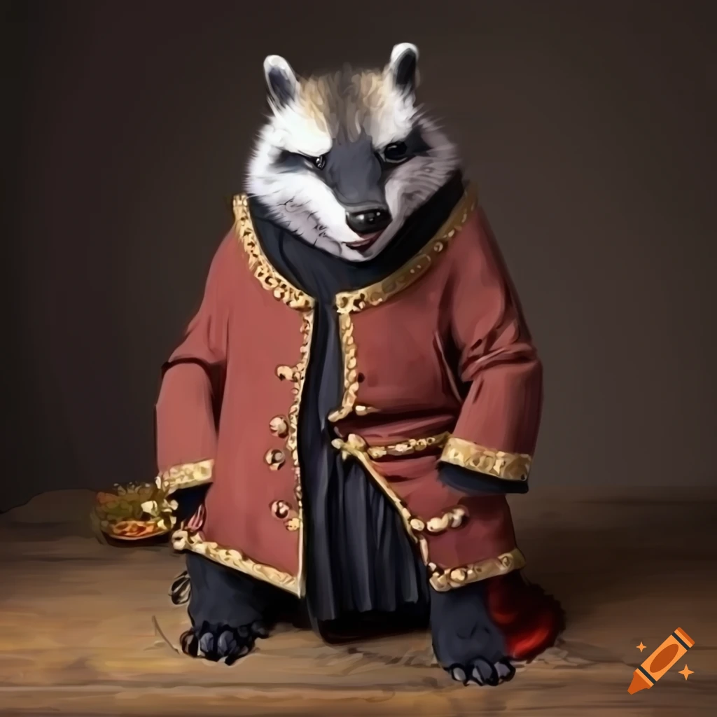 A fat bloated gluttonous anthro badger king wearing a royal coat with ...