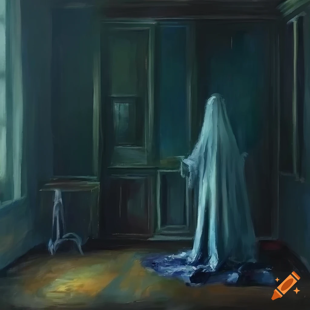 Haunting image, lonely ghost in a haunted house, dark oil painting on Craiyon