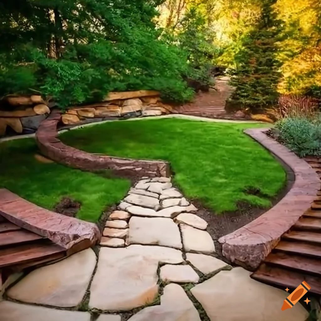 A colorado backyard with flagstone steps leading up to a tiered garden ...