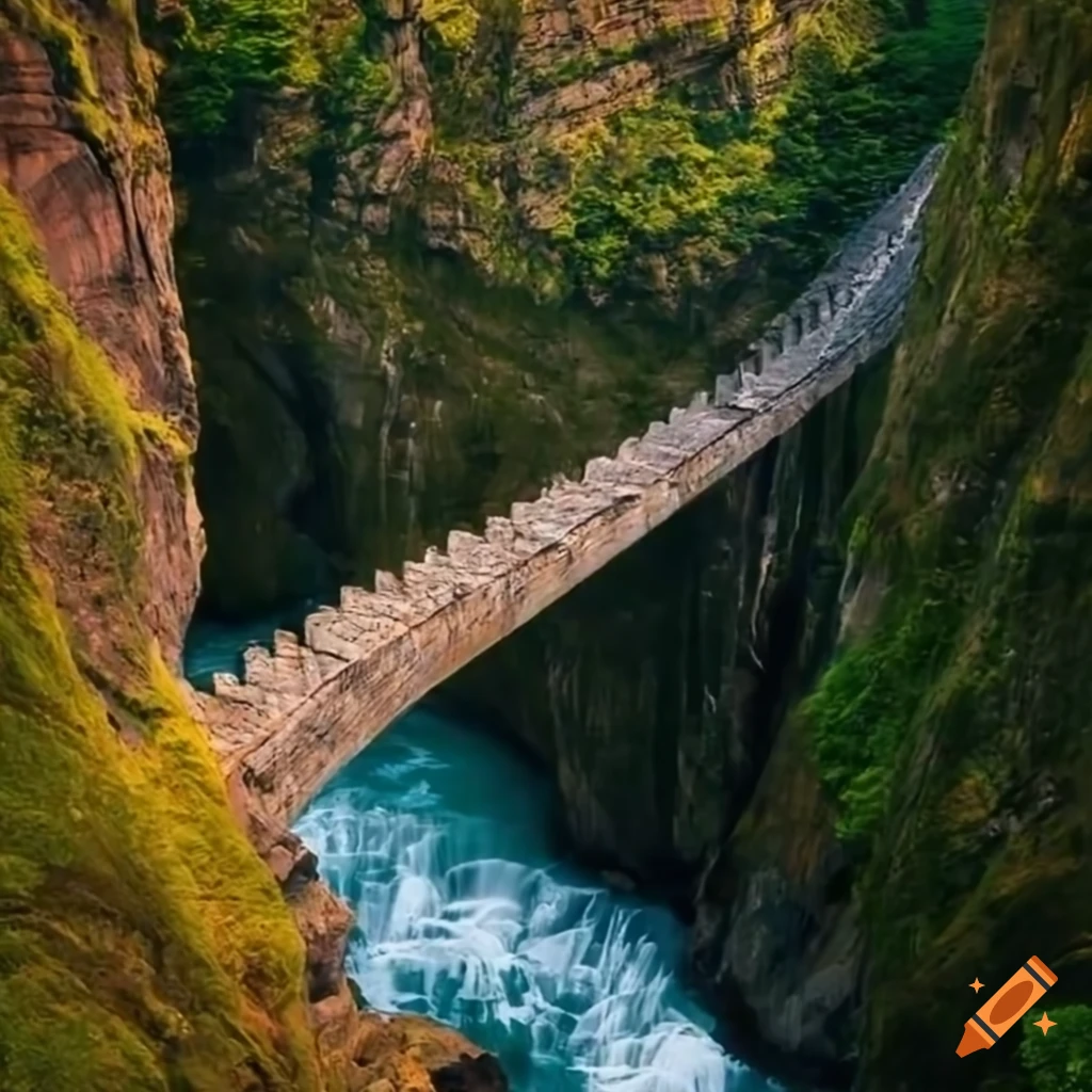 An ancient, tall stone bridge crossing a canyon between large lush ...