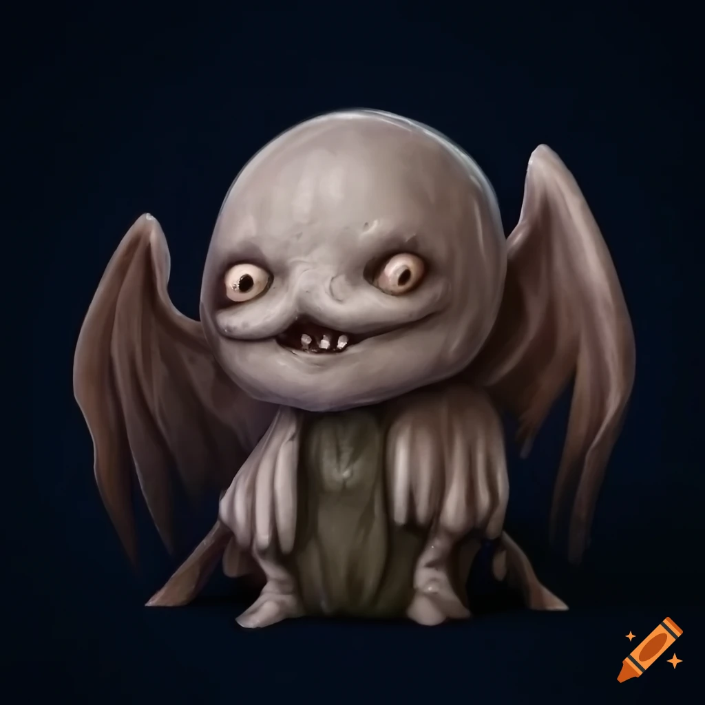Tiny, chaotic, clay blob homunculus with wings wearing wizard outfit ...