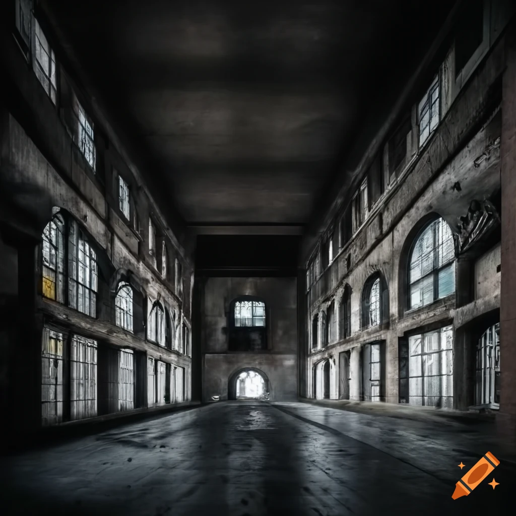 Brutalist-style illuminated factory