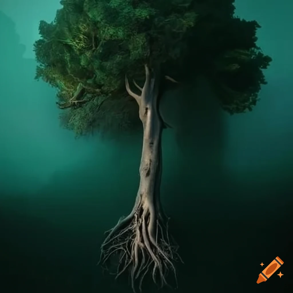 A cross in the middle of a tree that has visible roots on Craiyon