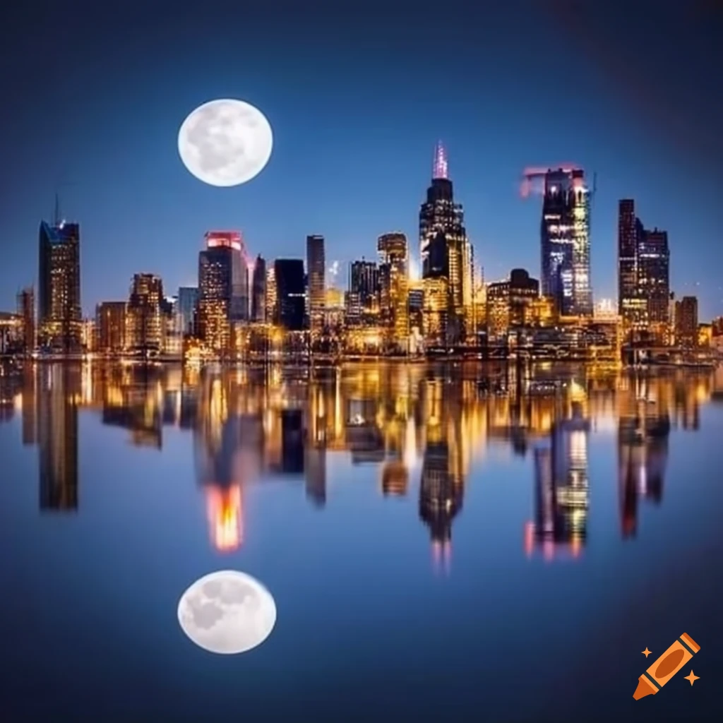 Captivating night view moon of manhattan iconic skyline mirrored in the ...