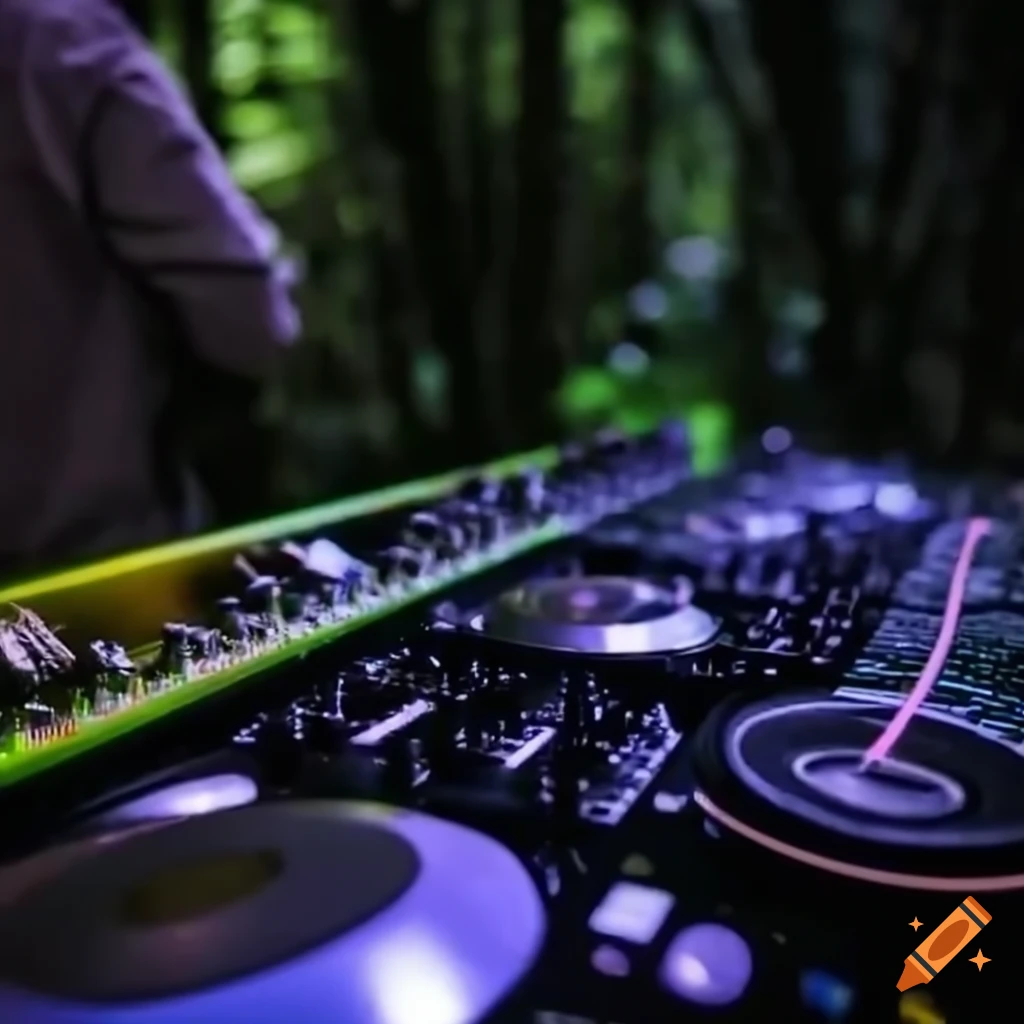 Dj mixing for a crowd in a forest at night on Craiyon