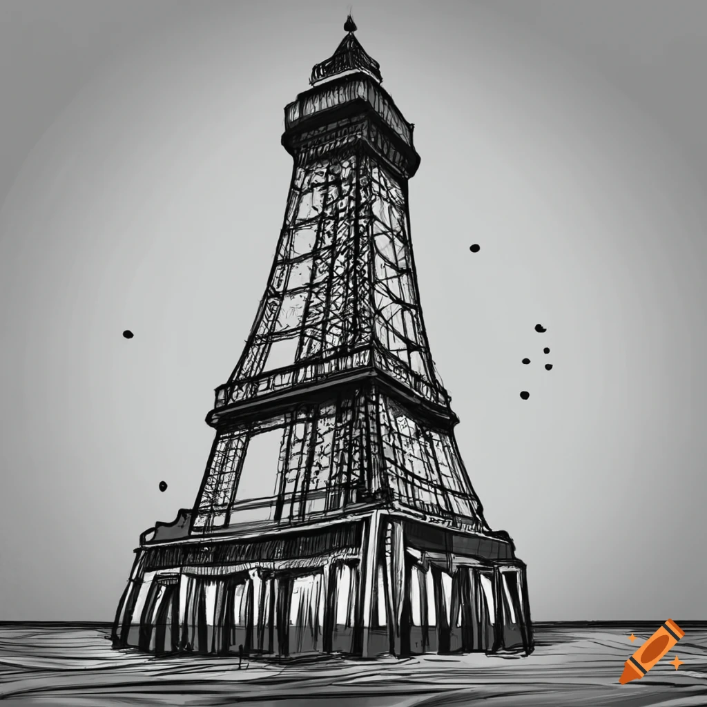 Dystopian cartoon version of the Blackpool Tower, in black and white ...