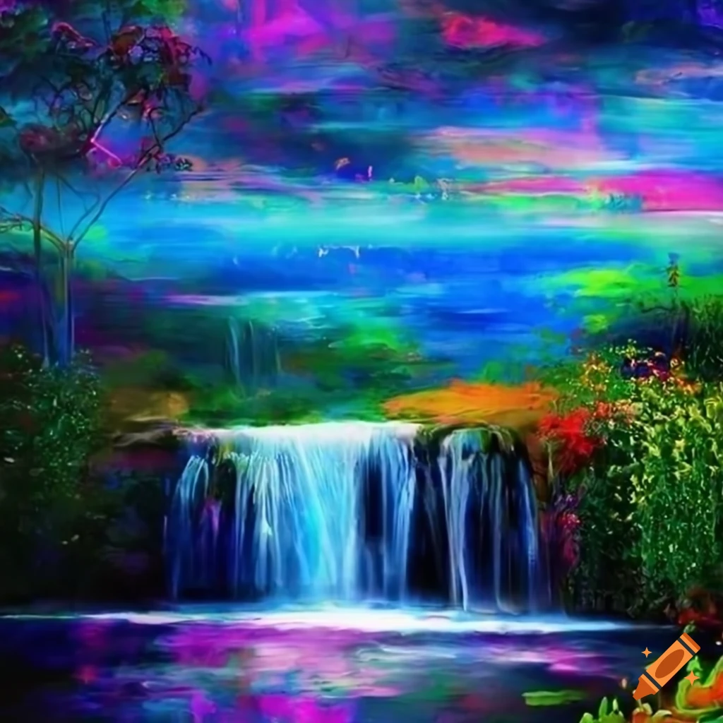 River waterfall landscape sparkling fantasy intricate shrub colorful ...