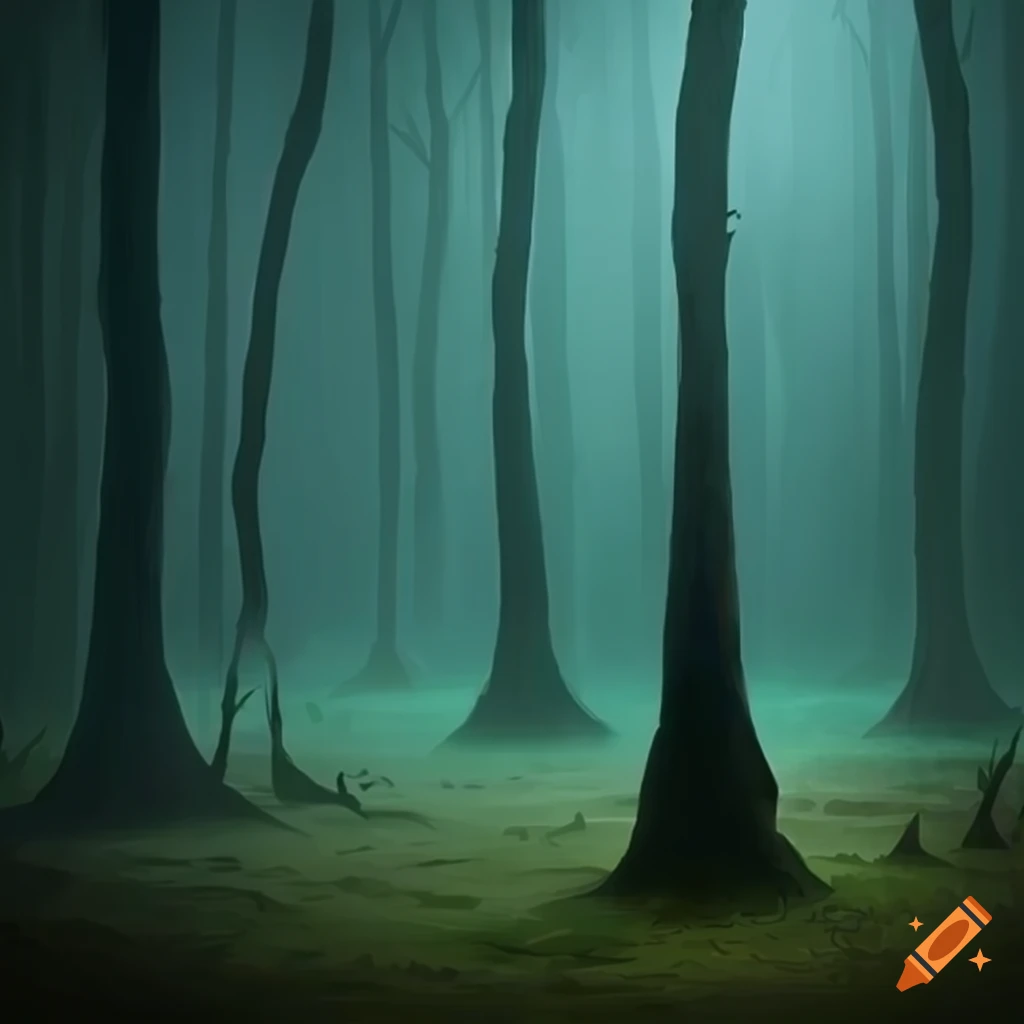 Ominous forest in a fantasy realm, hiding secrets and legends