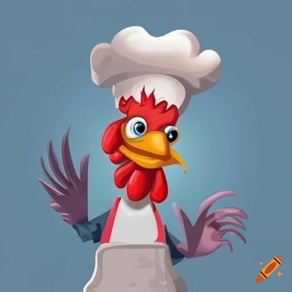 A cartoon rooster wearing a chef hat and white apron, side view