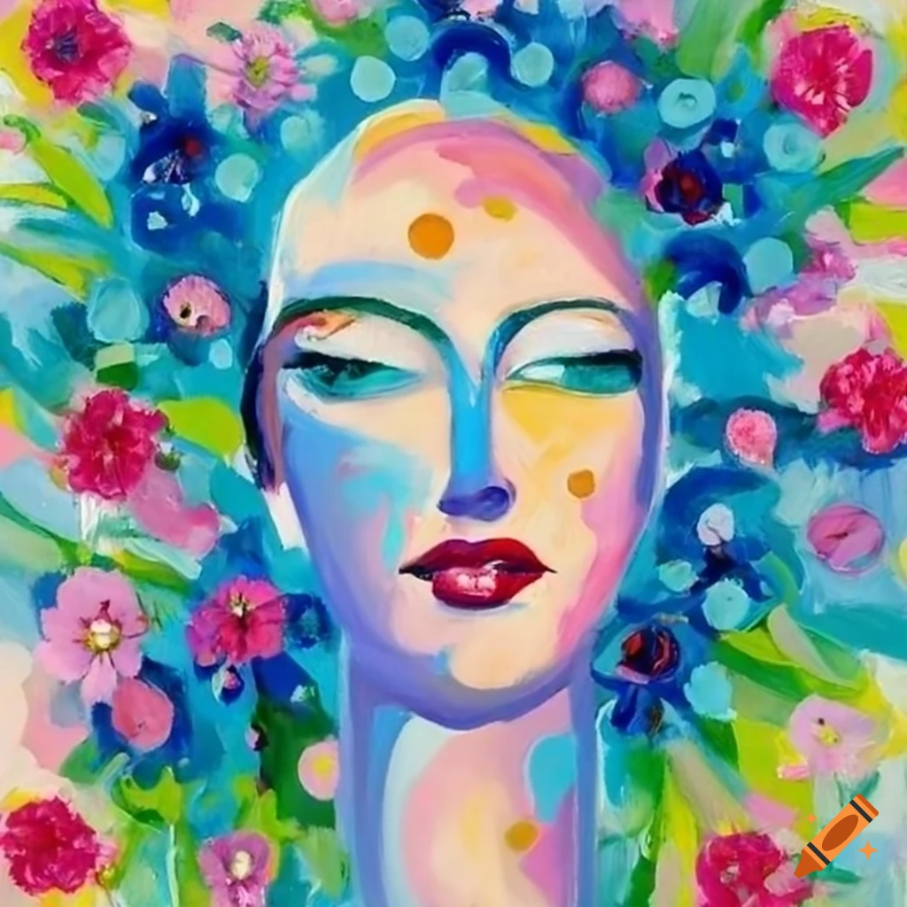 Abstract painting of a woman face, blue and pink flowers