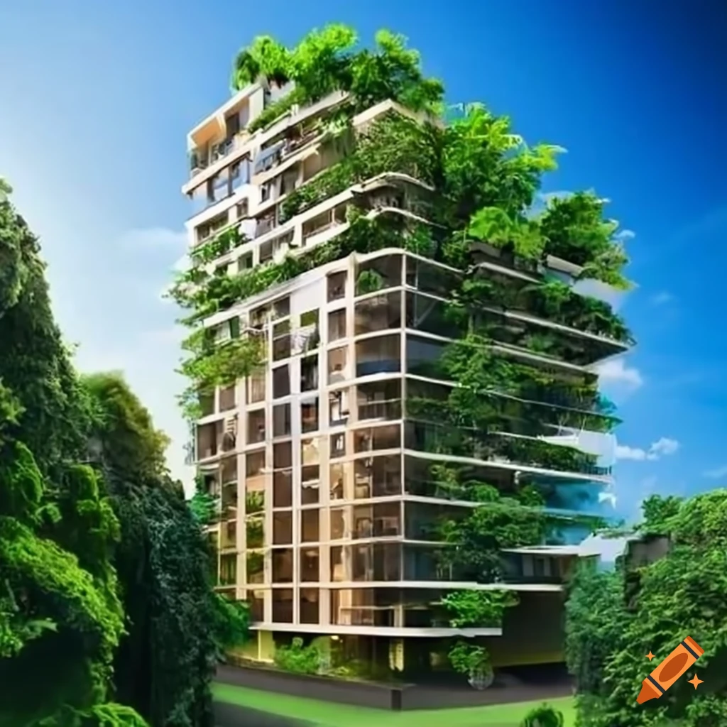 Modern, greenery, flat building, with 5 floors and a groung floor