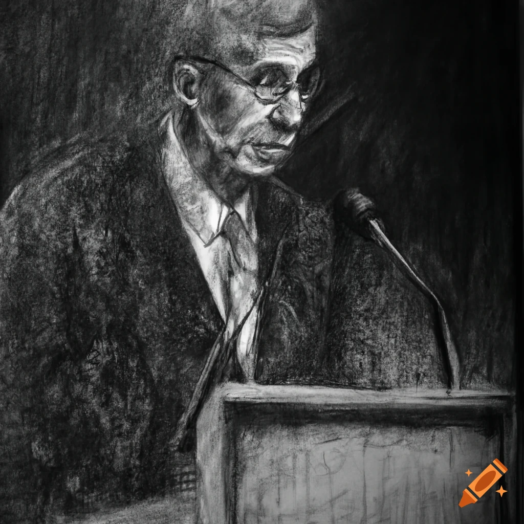 Charcoal sketch of a leader on podium addressing crowd on Craiyon