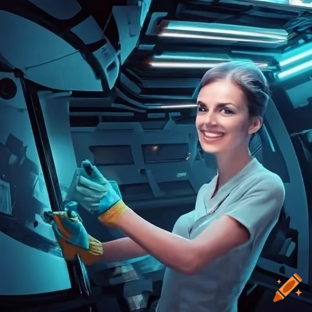 Janitor smiling while cleaning the deck of a futuristic spacecraft