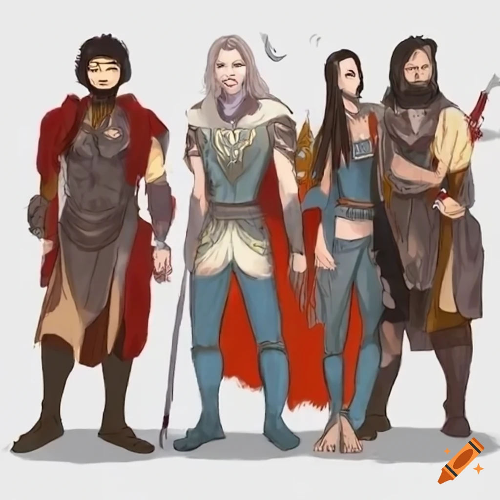 Four fantasy heroes standing together