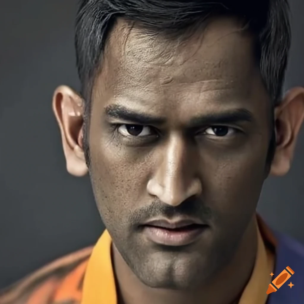 Dhoni front face with no emotion but look smart on Craiyon