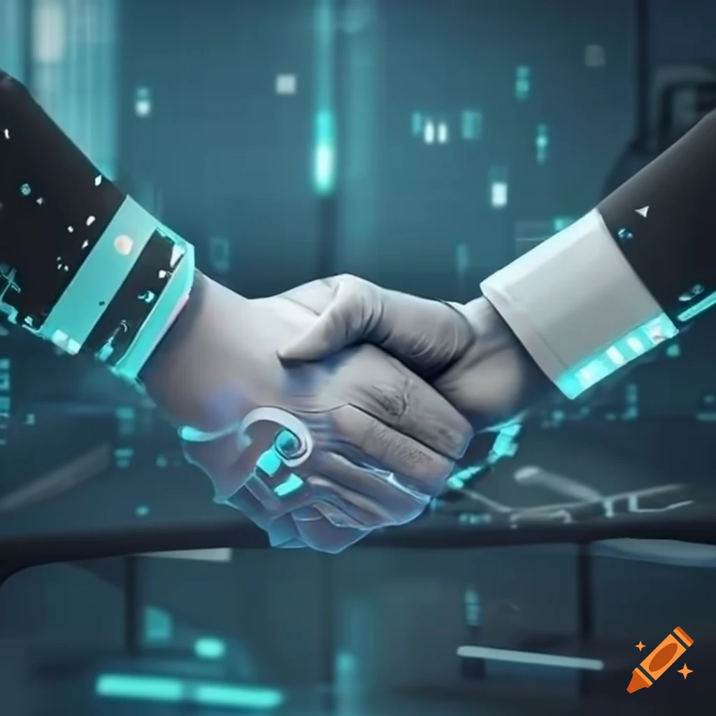 Cyber security brotherhood, two hands in a futuristic handshake ...