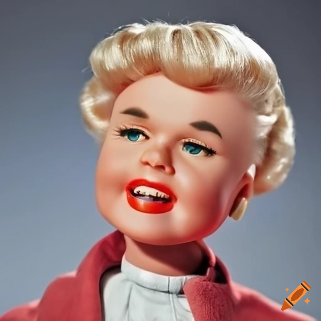 A doll named Doris day, standing on a base, wide angle on Craiyon