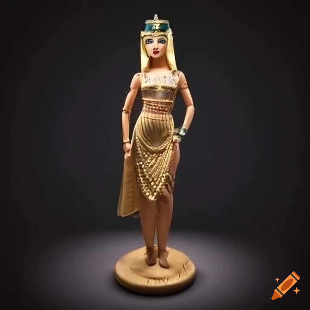 A doll named cleopatra, full size, standing on a low pedestal