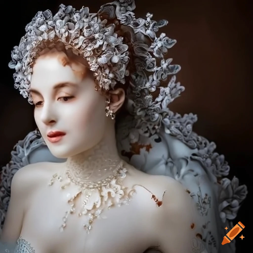 Living lady covered in porcelain lacework of delicate beauty