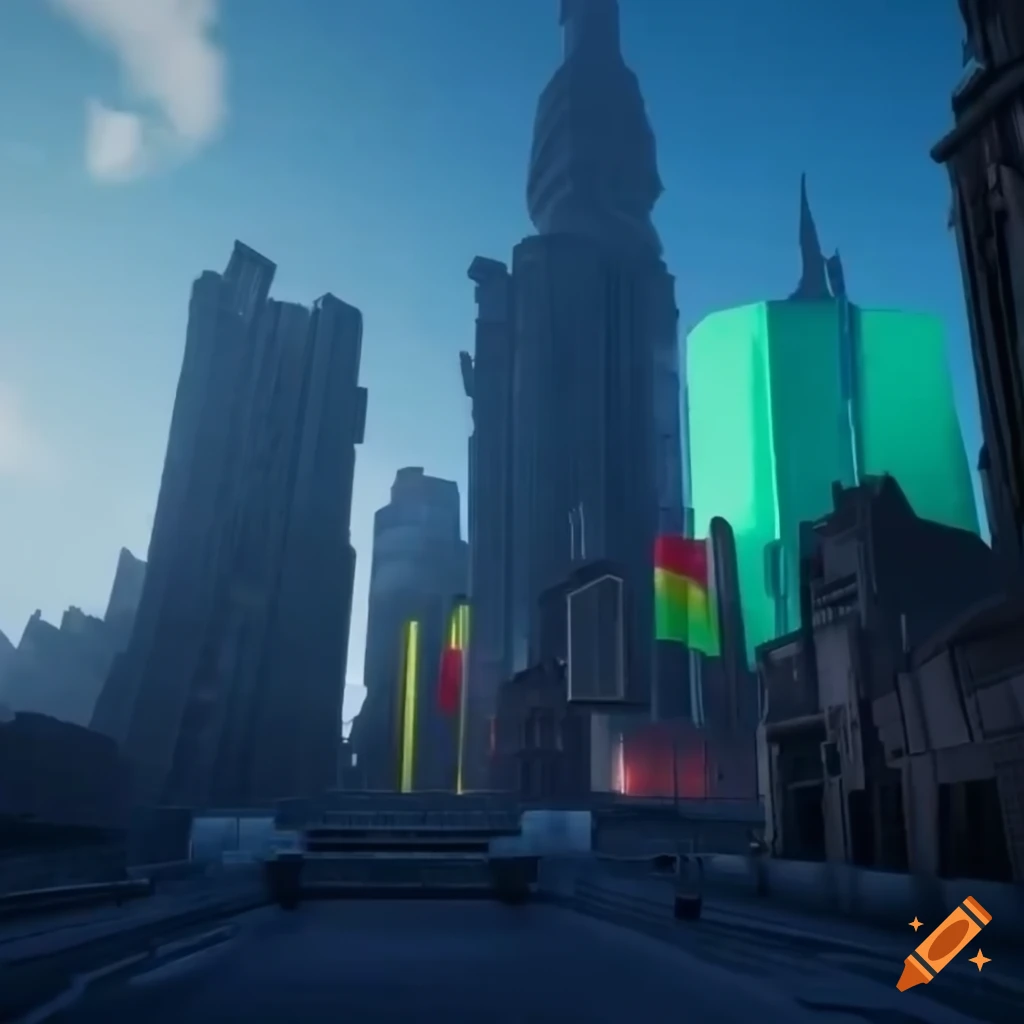 Unreal engine 5 sci-fi spanish street with red-yellow-green tricolor ...