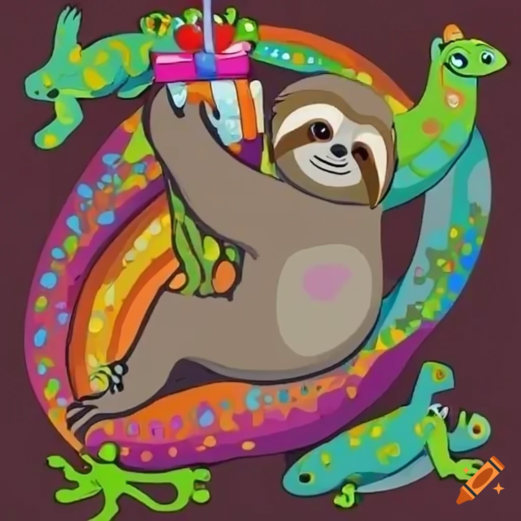 A sloth giving a birthday present to a gecko lizard
